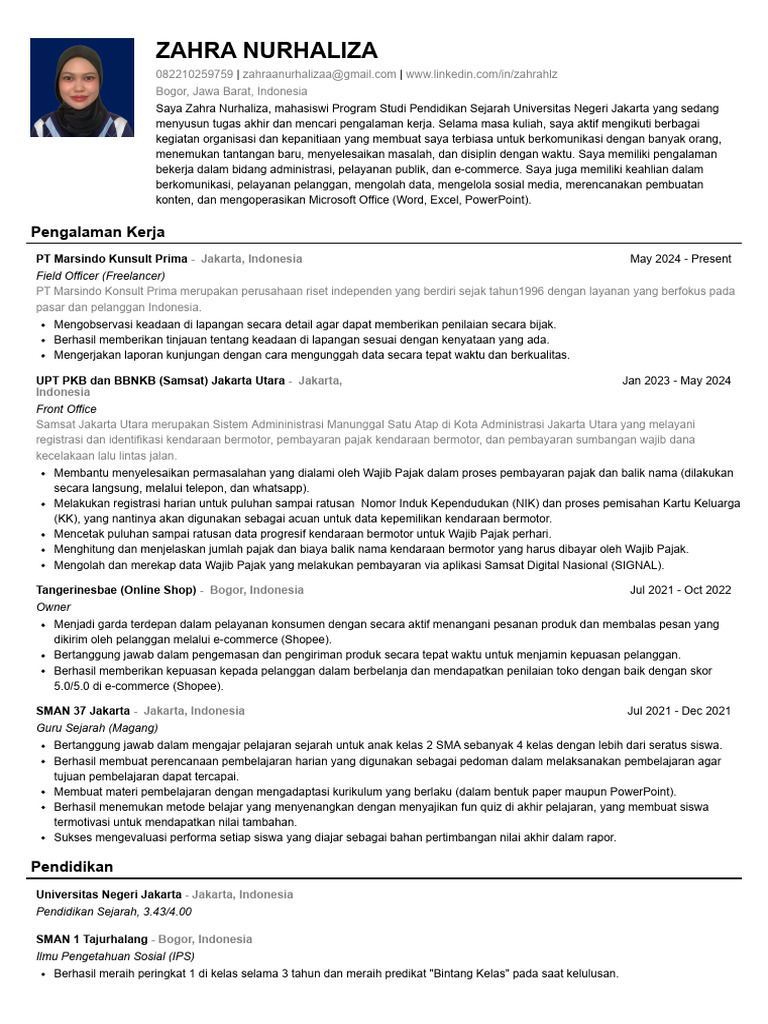 Zahra Nurhaliza - CV Dulu | PDF