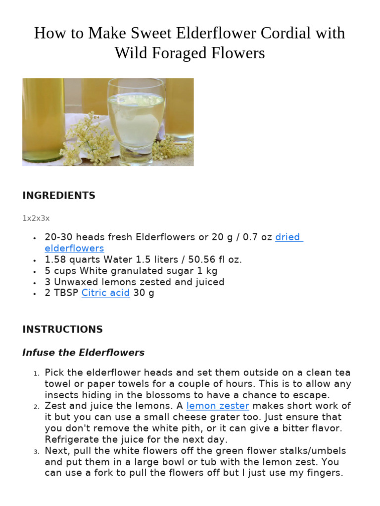 Sweet Elderflower Cordial Recipe | PDF | Zest (Ingredient) | Drink