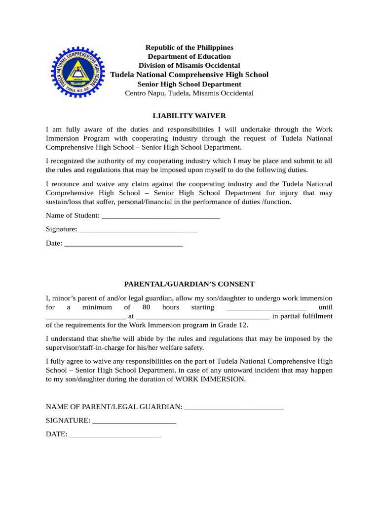 Liability Waiver Parental Consent | PDF