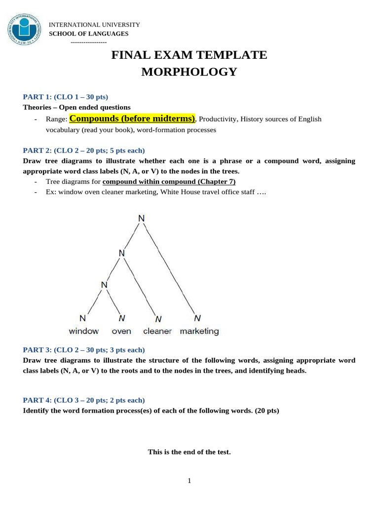Final Exam Template - Morphology | PDF