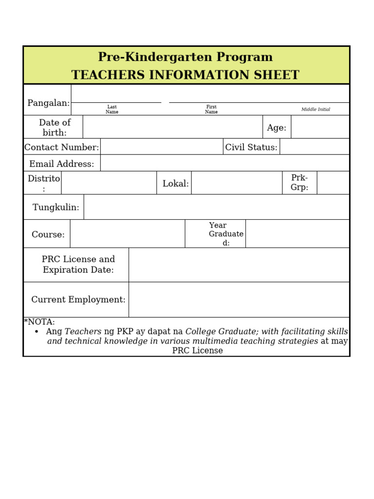Pre-Kindergarten Teacher Info Sheet | PDF