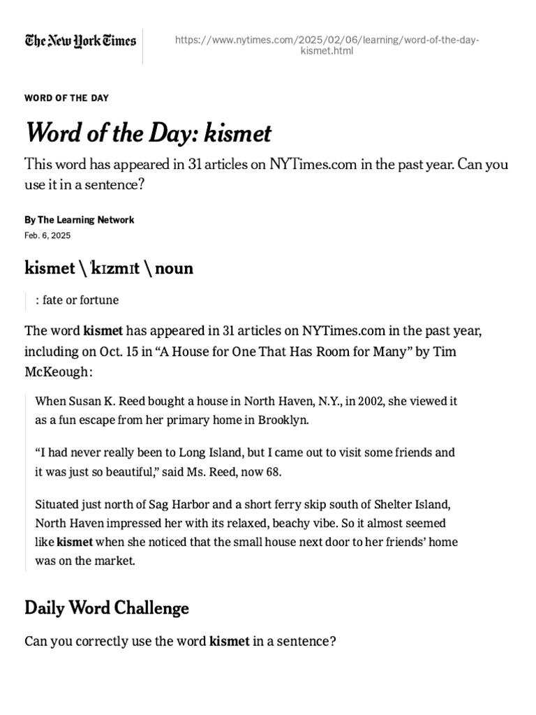 Word of The Day - Kismet - The New York Times | PDF