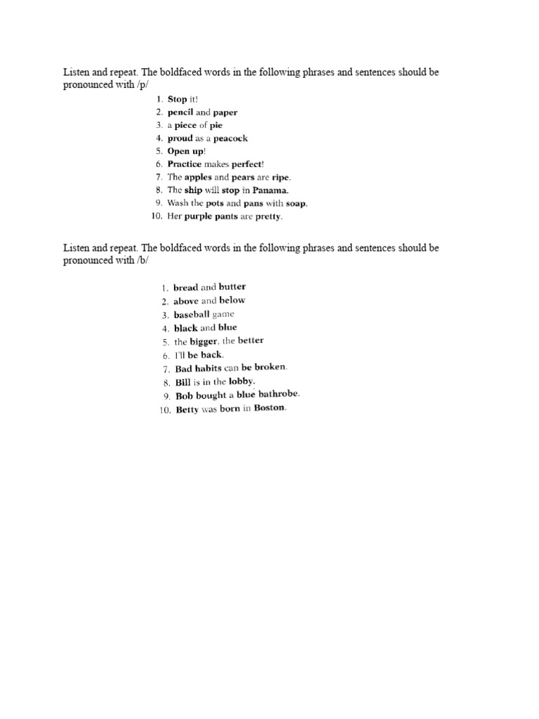 Consonant Sound Practice: /p/ and /b/ | PDF