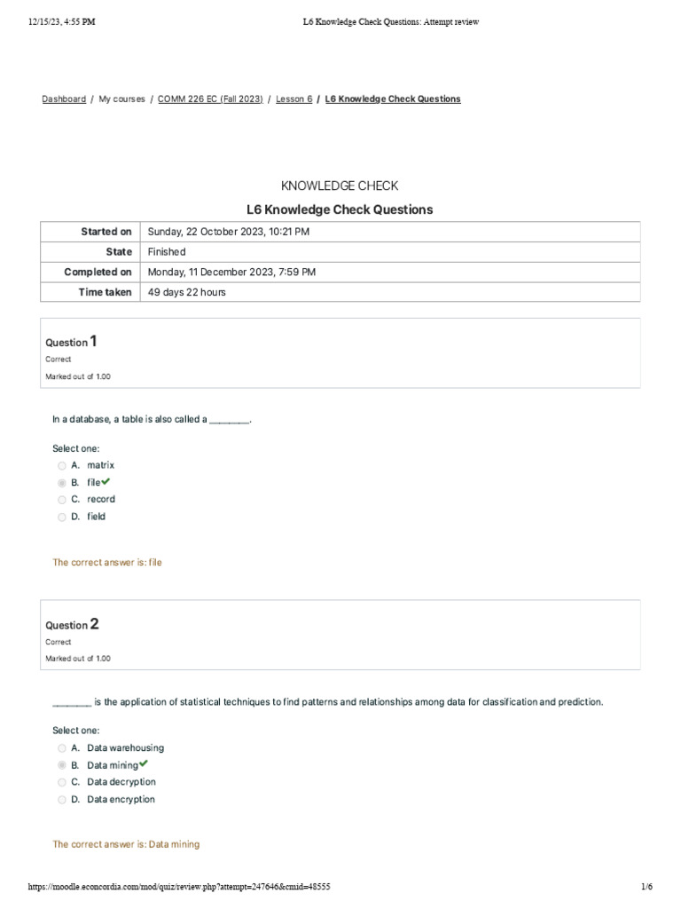 L6 Knowledge Check Review for COMM 226 | PDF | Data Warehouse | Databases