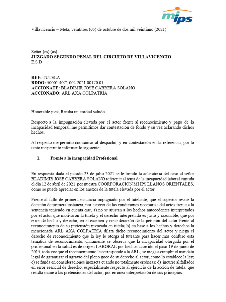 Respusta Impugnacion - Tutela Bladimir Cabrera Solano | PDF | Debido al proceso | Justicia