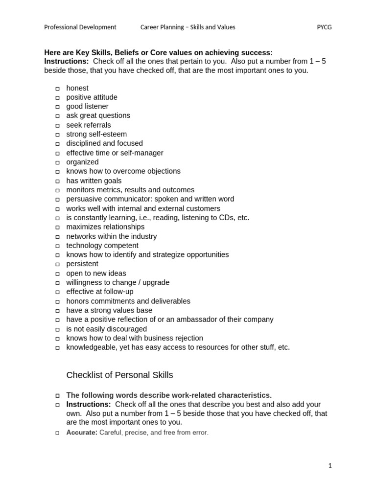 Handout - Checklist of Values and Skills | PDF | Motivation | Motivational