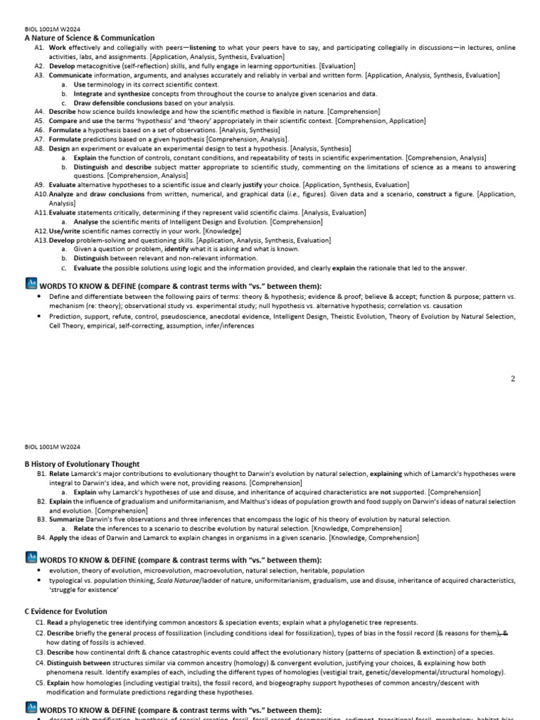 BIOL 1001 W2024 LOs For Midterm | PDF | Natural Selection | Evolution