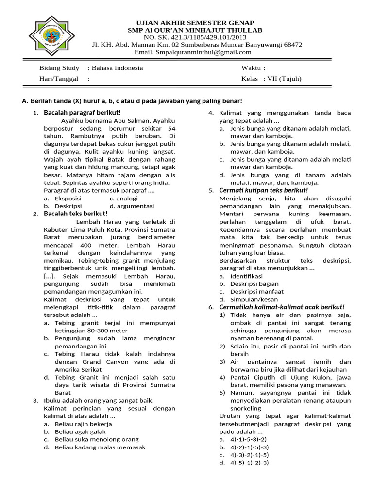 Naskah Soal Bhs Indonesia Kls 7 | PDF