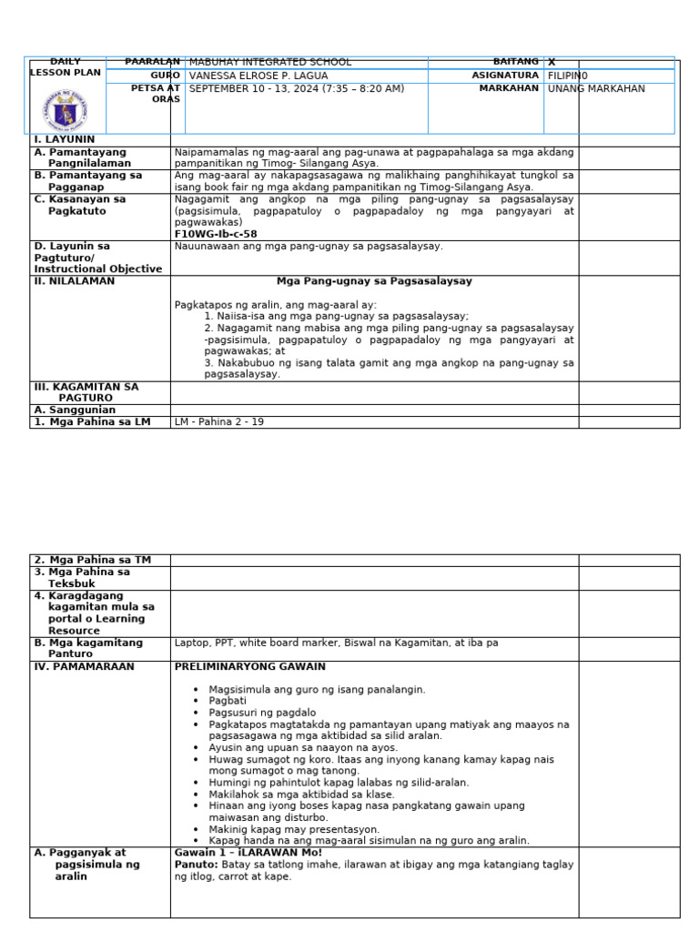 Filipino 10 DLP (Week 4) | PDF