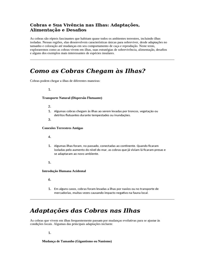 Cobras e Sua Vivencia Na Ilha | PDF | Espécies invasoras | Serpente
