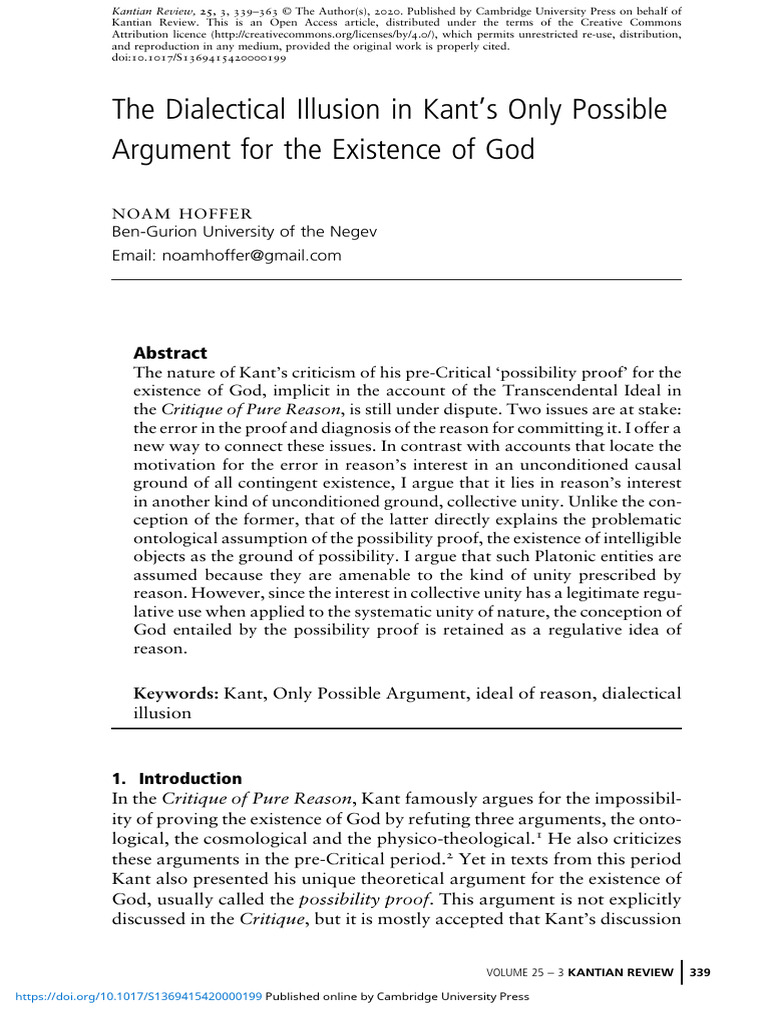 The Dialectical Illusion in Kants Only Possible Argument For The ...