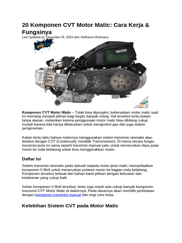 Komponen dan Fungsi CVT Motor Matic | PDF