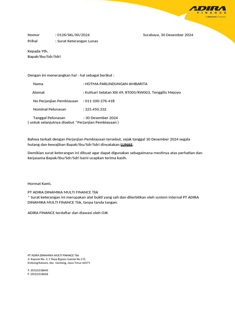 Surat Lumas Adira | PDF