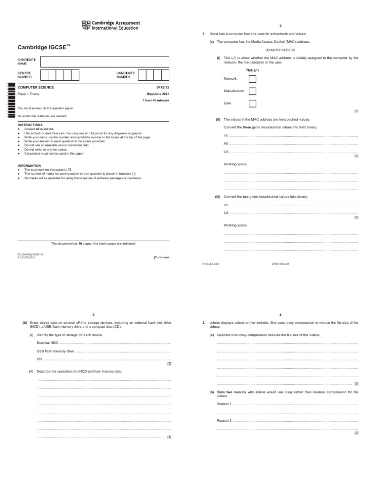 Past Paper 1 | PDF | Data Compression | Computer Data Storage