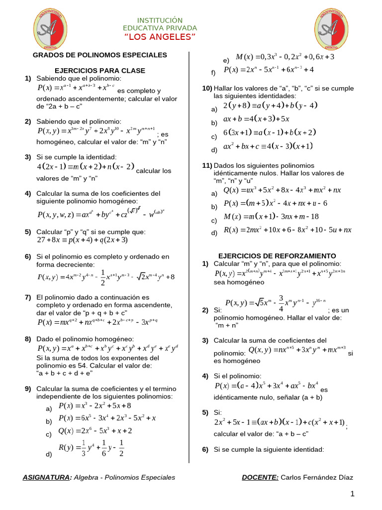 Ejercicios - Algebra - Polinomios Especiales | PDF | Polinomio | Álgebra
