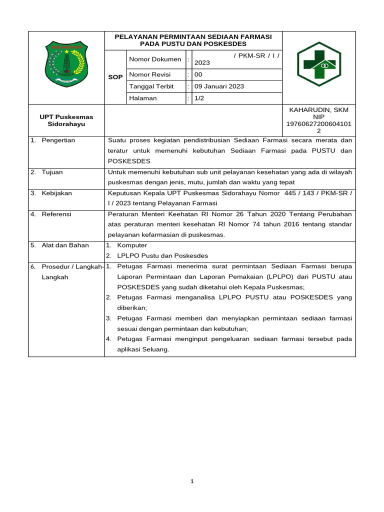 Sop Pelayanan Permintaan Sediaan Farmasi Pada Pustu Dan Poskesdes | PDF