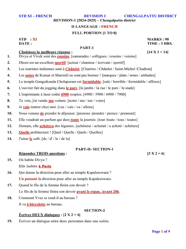 11th French 1st Revision Exam 2025 Answer Key Chengalpattu District ...