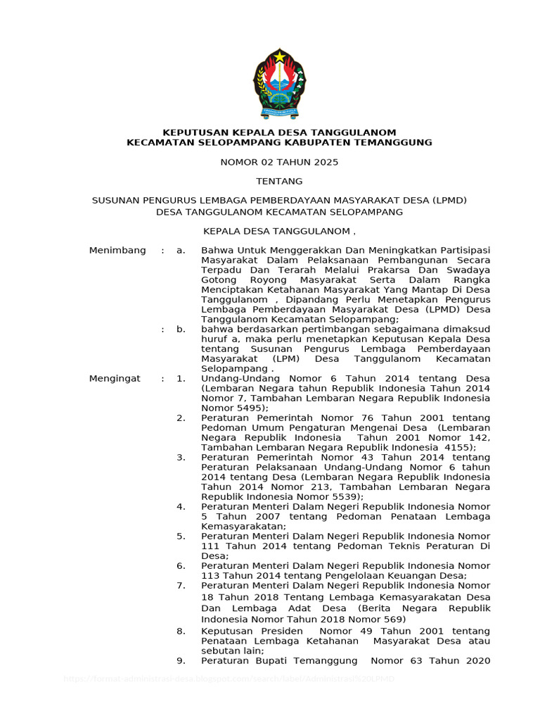 Susunan Pengurus LPMD Tanggulanom 2025 | PDF