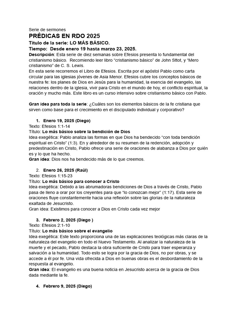 Serie LO MÁS BÁSICO Predicas RDO 2025 | PDF | Epístola a los efesios ...