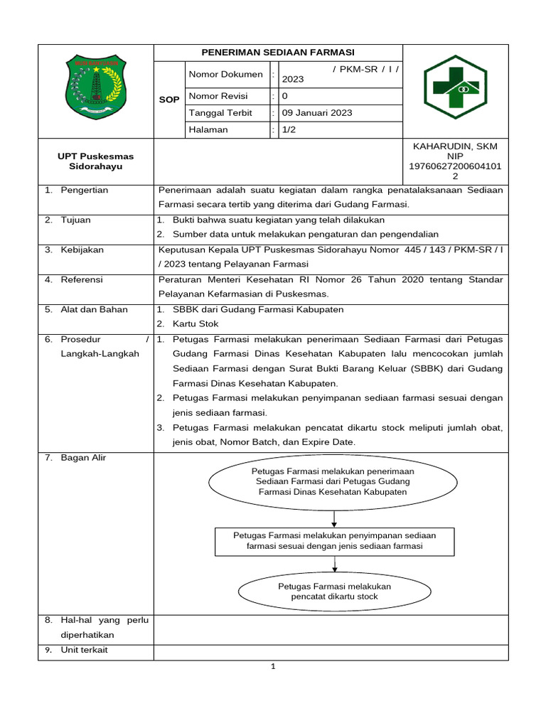 Sop Penerimaan Sediaan Farmasi | PDF