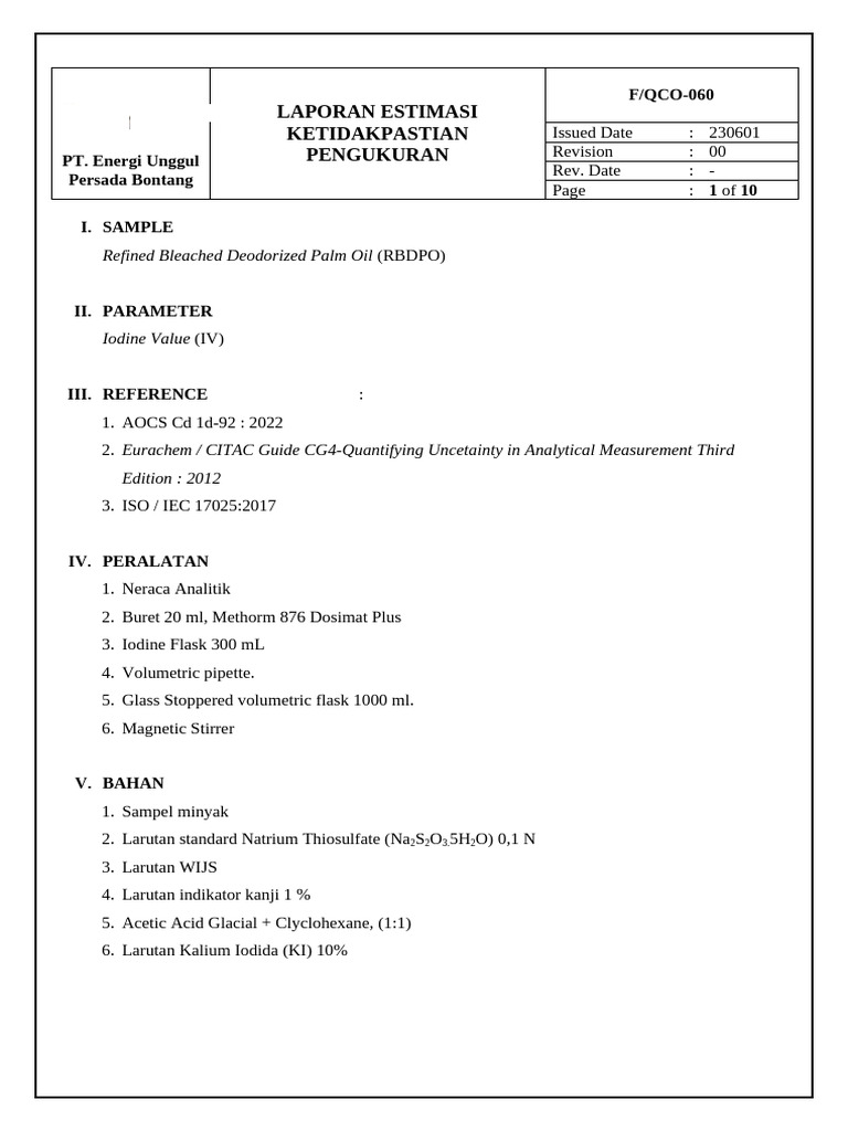 F-QCO-060 Estimasi Ketidakpastian RBDPO - IV | PDF