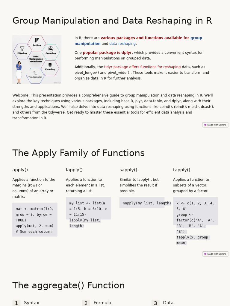 Group Manipulation and Data Reshaping in R | PDF | Function (Mathematics) | Applied Mathematics