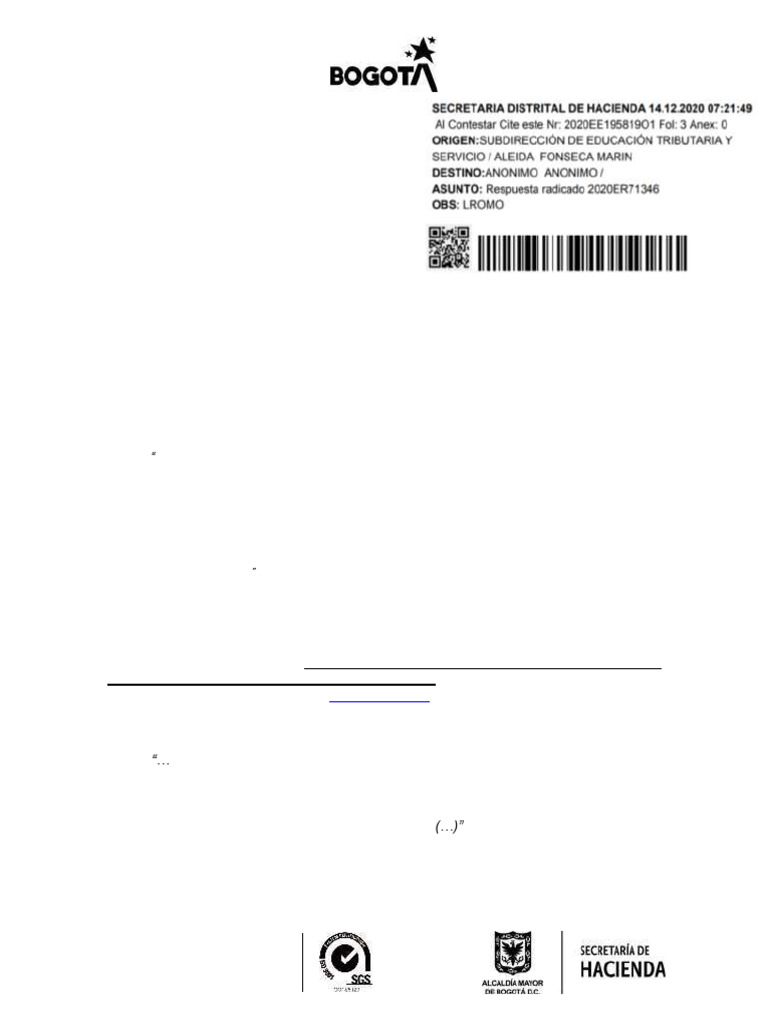 Concepto SHD PAEF ICA | PDF | Impuestos | Bogotá