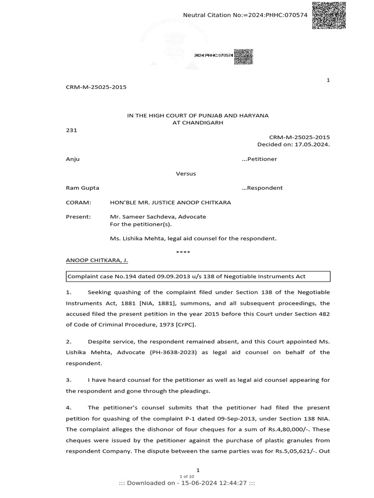 Quashing Complaint Under NIA 138 | PDF | Negotiable Instrument | Cheque