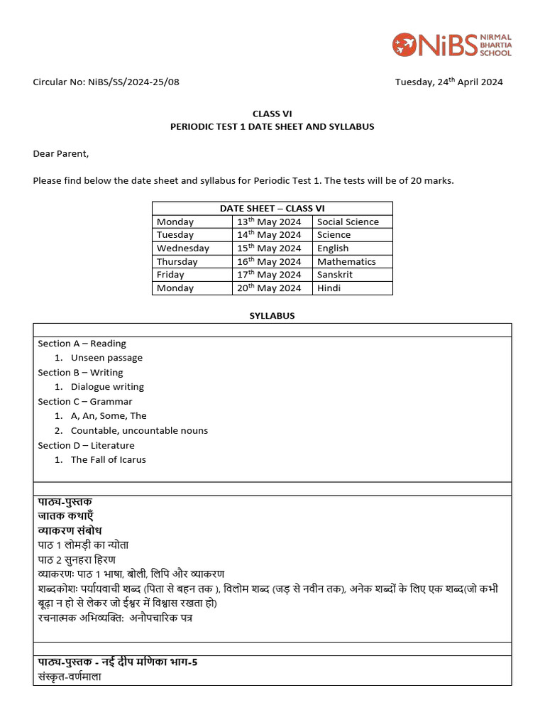 08 - Class VI PT 1 Date Sheet and Syllabus | PDF | Linguistics