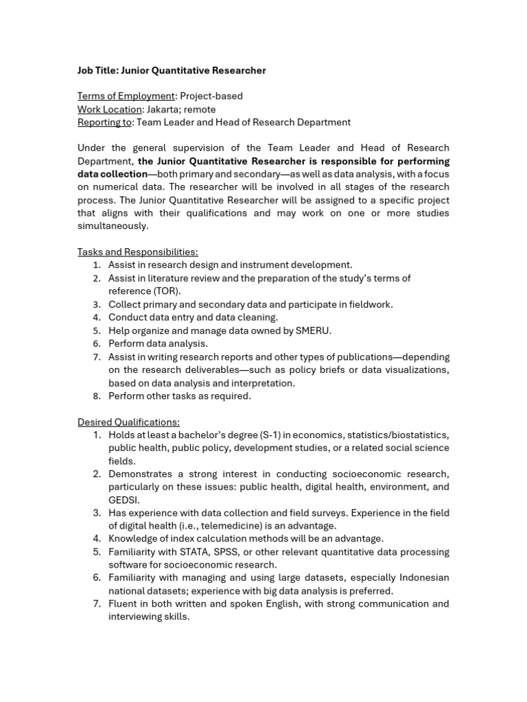 TOR - Junior Quantitative Researcher | PDF | Data | Quantitative Research