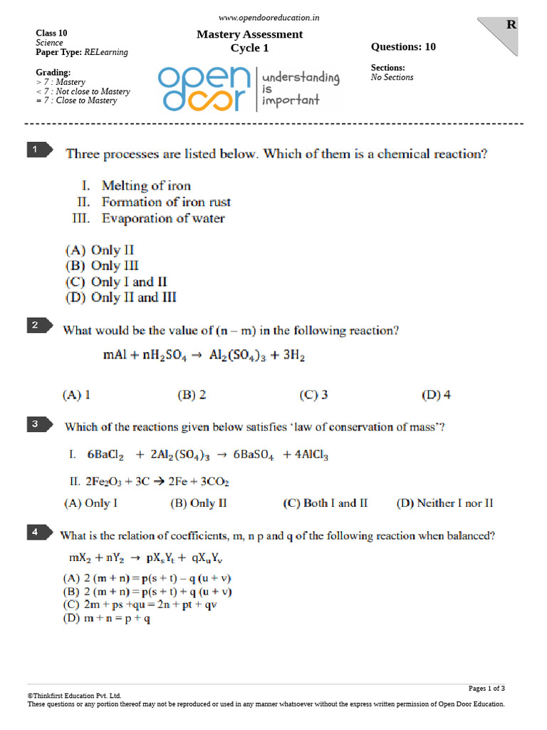 Chemical Reactions and Equations Relearning QP | PDF