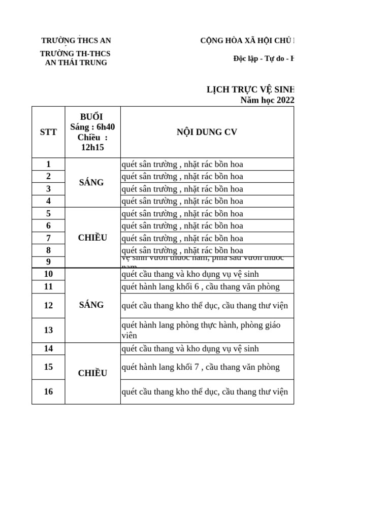 Lich Truc Ve Sinh Hang Ngay | PDF