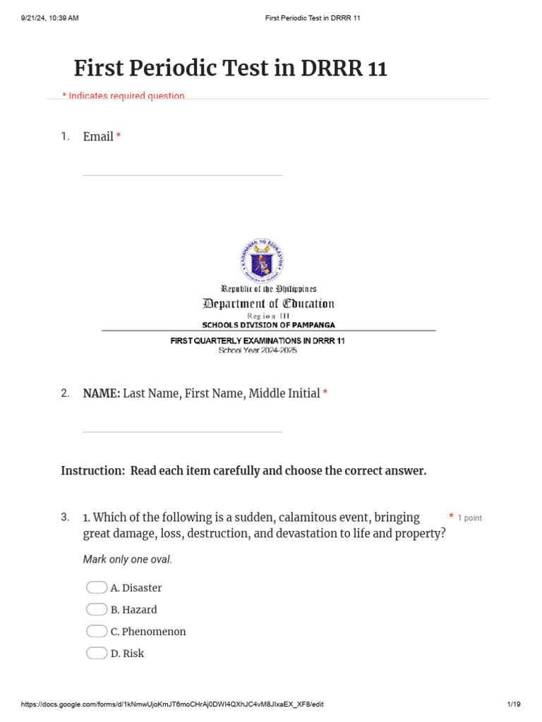 CBA - DRRR 11 - First Periodic Examination - Google Forms | PDF | Hazards | Natural Disasters