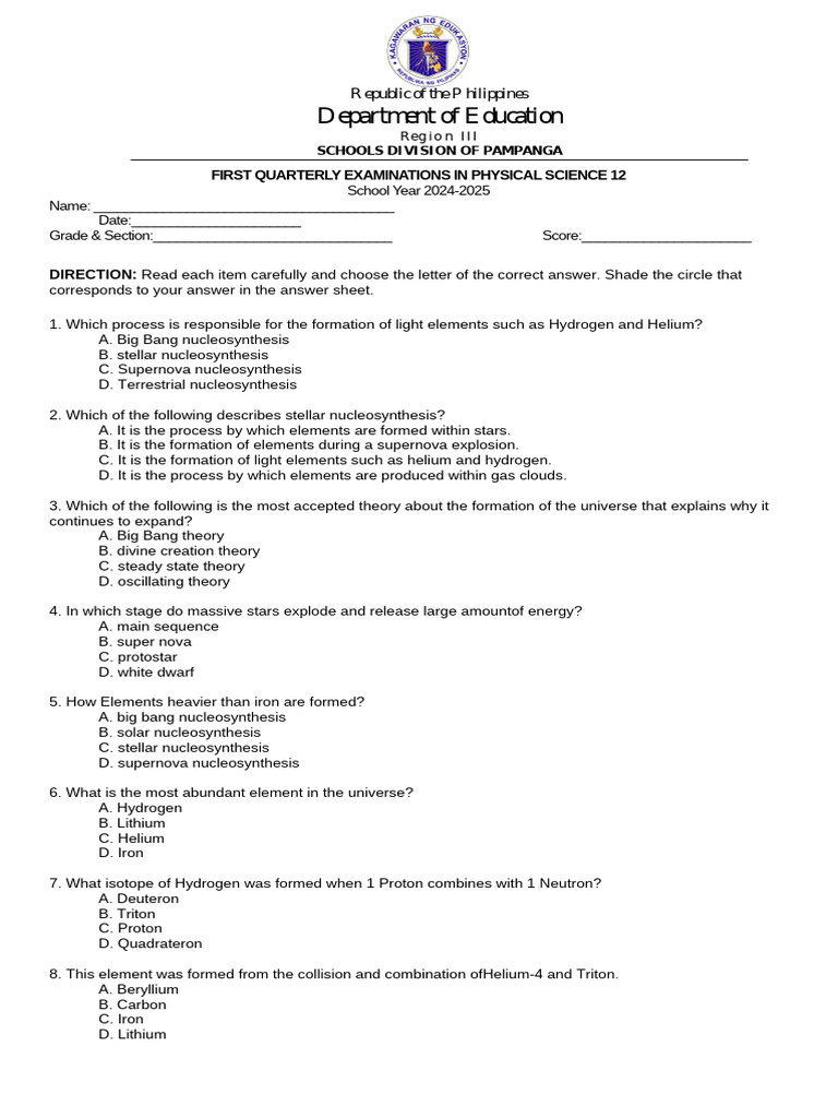 Physical Science Exam: Grade 12 | PDF | Chemical Polarity | Atoms