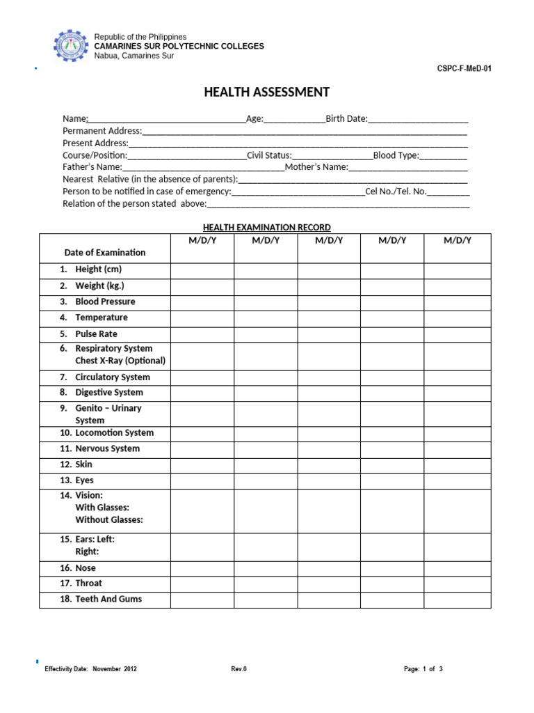 Health Assessment Form Template | PDF | Medical Specialties | Diseases ...