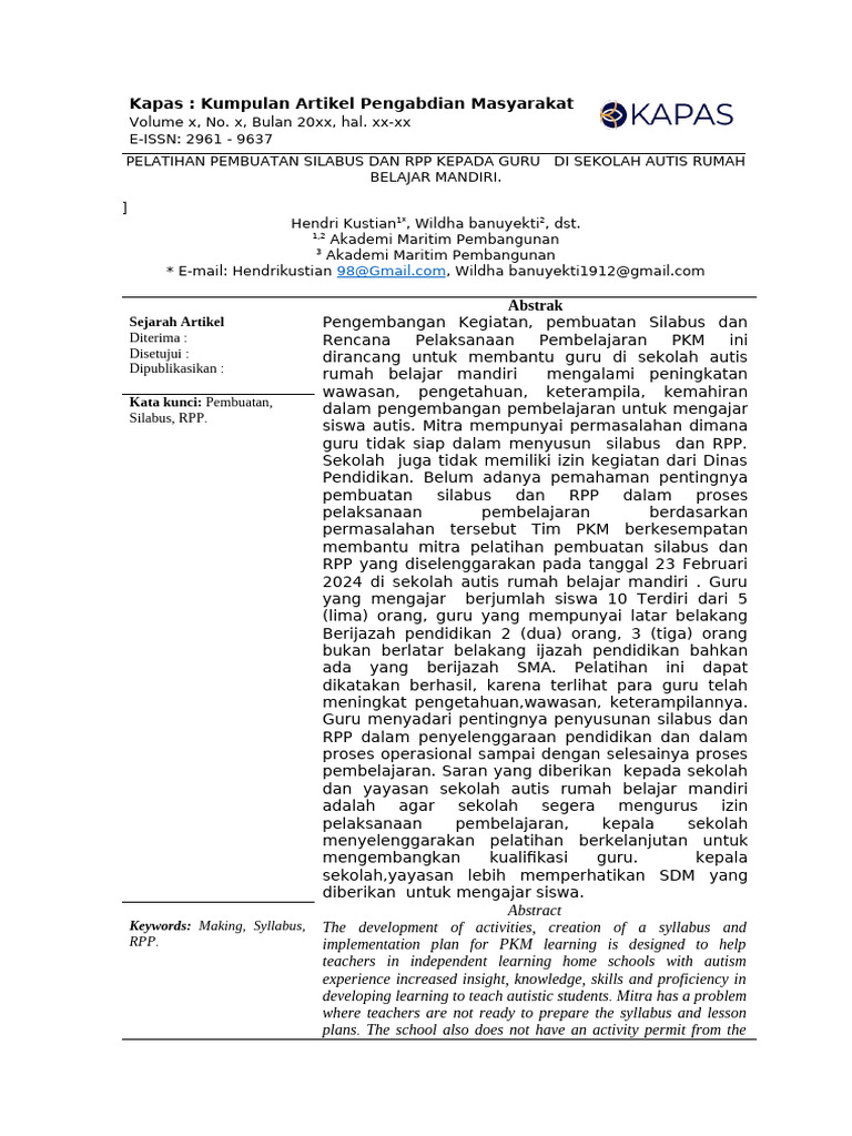 Pelatihan Silabus & RPP di Sekolah Autis | PDF