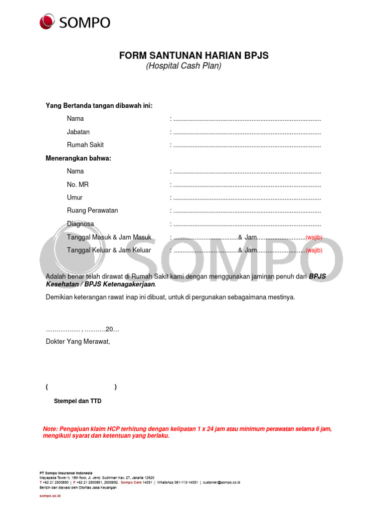 Form Klaim Santunan Harian Rawat Inap & Santunan Kelahiran BPJS Kes Per 200824 | PDF