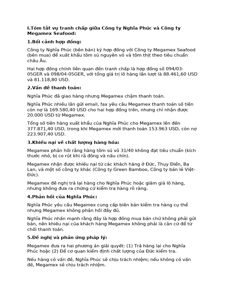 I.Tóm tắt vụ tranh chấp giữa Công ty Nghĩa Phúc và Công ty Megamex Seafood: 1.Bối cảnh hợp đồng ...