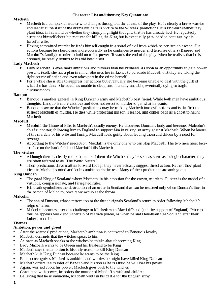 Macbeth Character Analysis & Themes | PDF | Macbeth | Shakespearean Tragedies