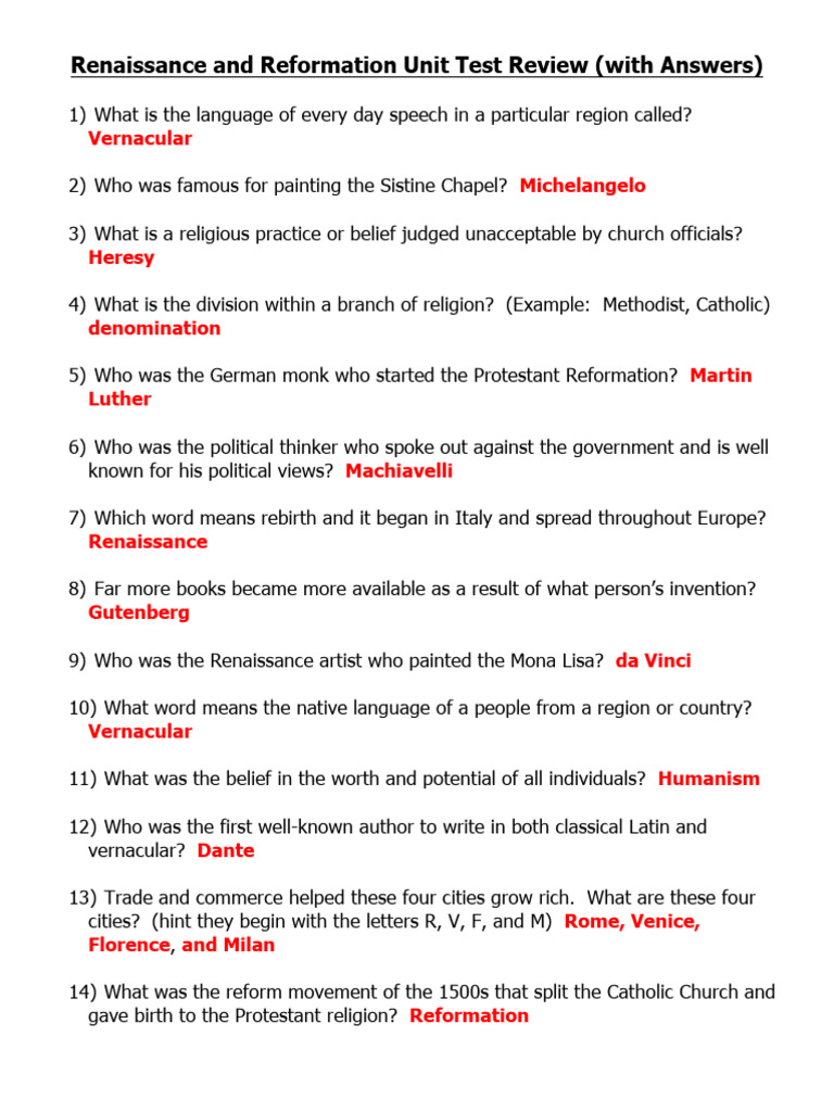 Renaissance and Reformation Unit Test Review (With Answers ...