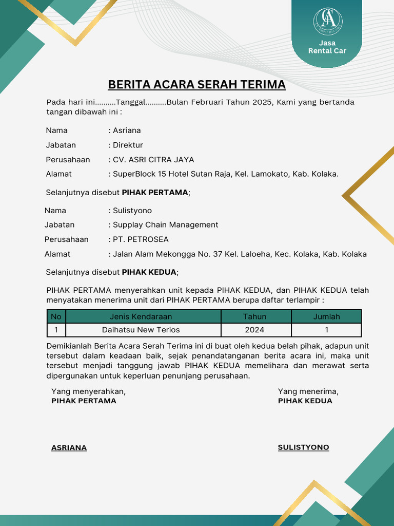 Berita Acara Serah Terima CV Asri Citra Jaya | PDF