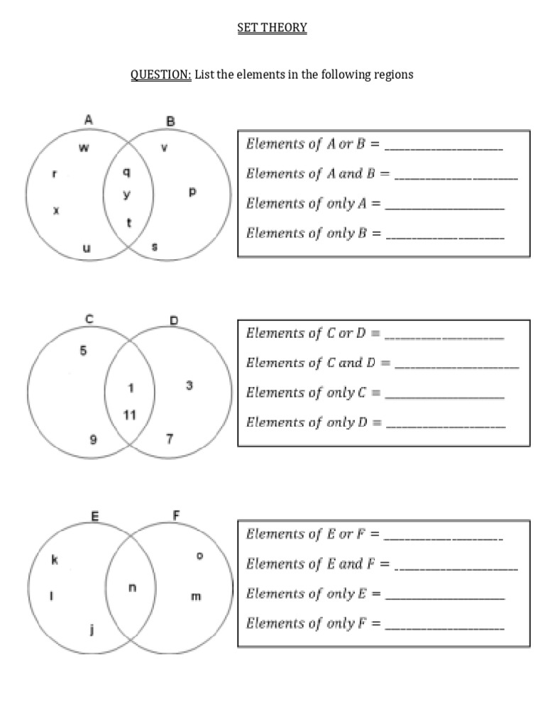 SET THEORY Worksheet 2B - Listing Elements in Regions | PDF