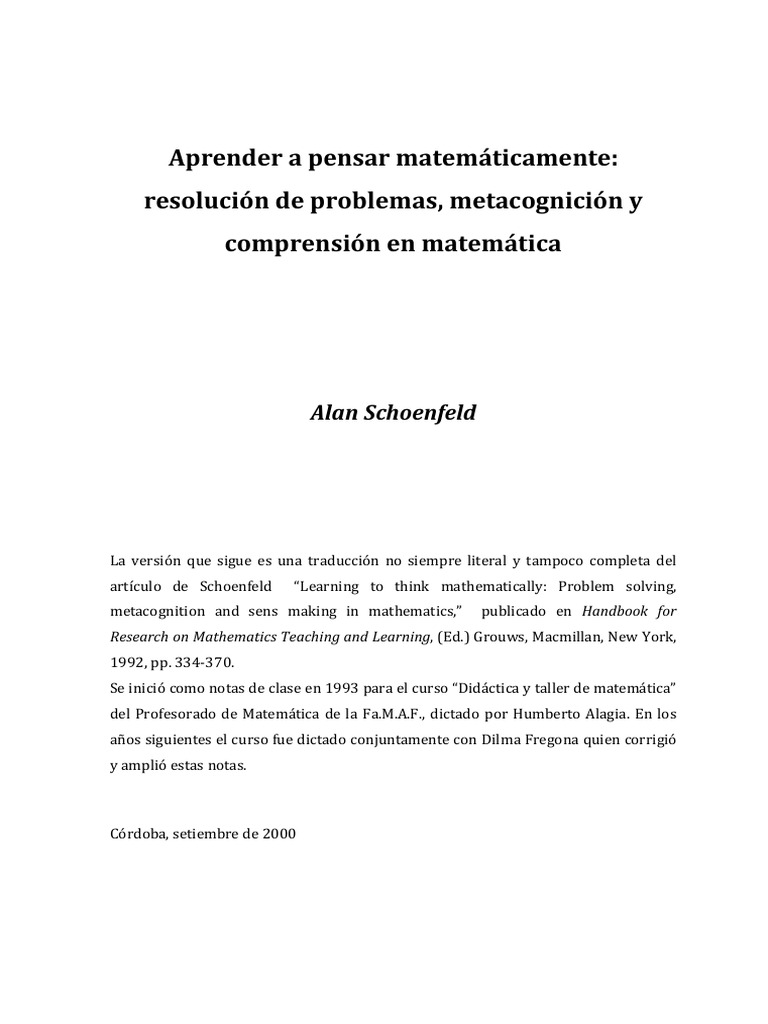 U3. Schoenfeld ... Pensar Matemáticamente | PDF | Plan de estudios | Matemáticas