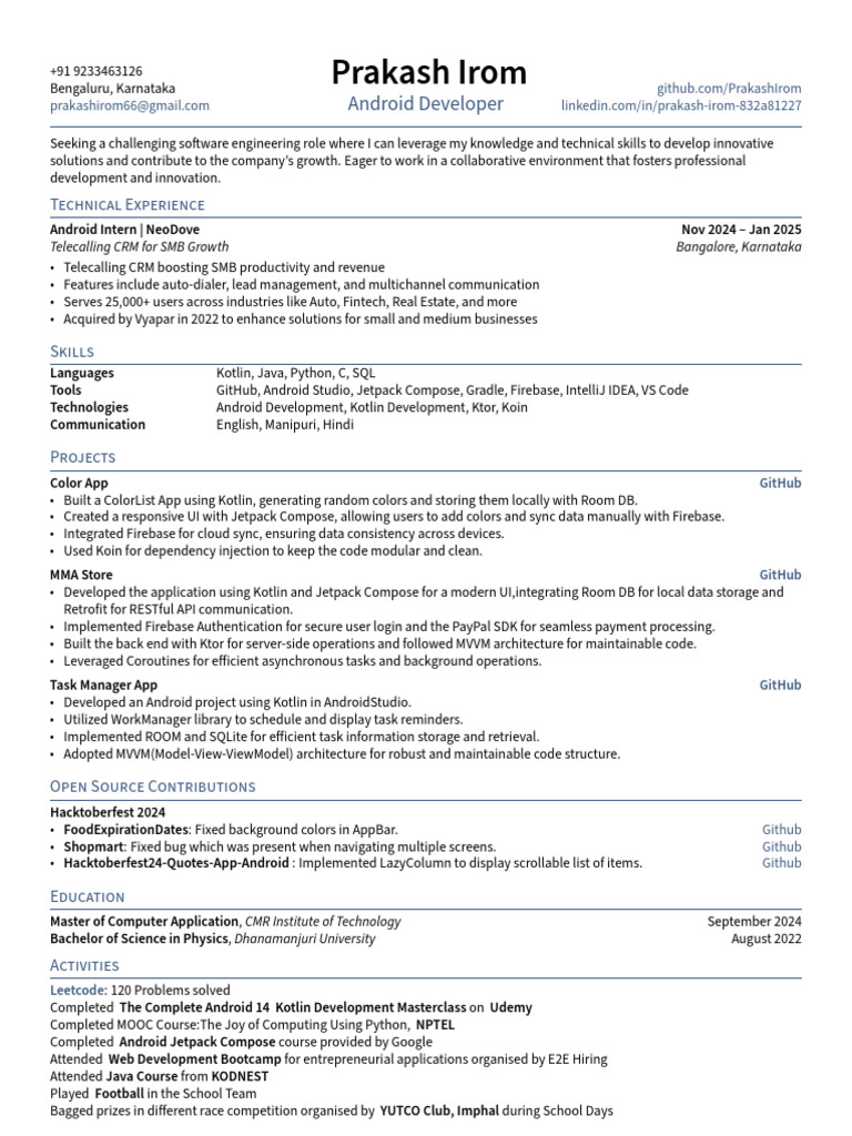 PrakashIrom_Resume | PDF | Android (Operating System) | Mobile App