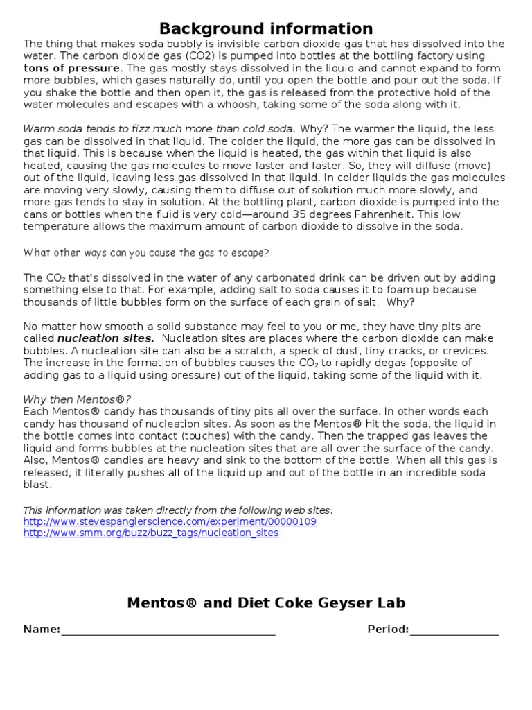 Diet Coke & Mentos Geyser Lab 2011-2012 | PDF | Gases | Liquids