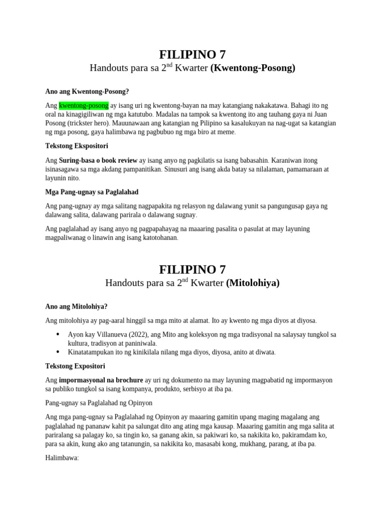 Handouts (Mitolohiya at Kwentong Posong) | PDF