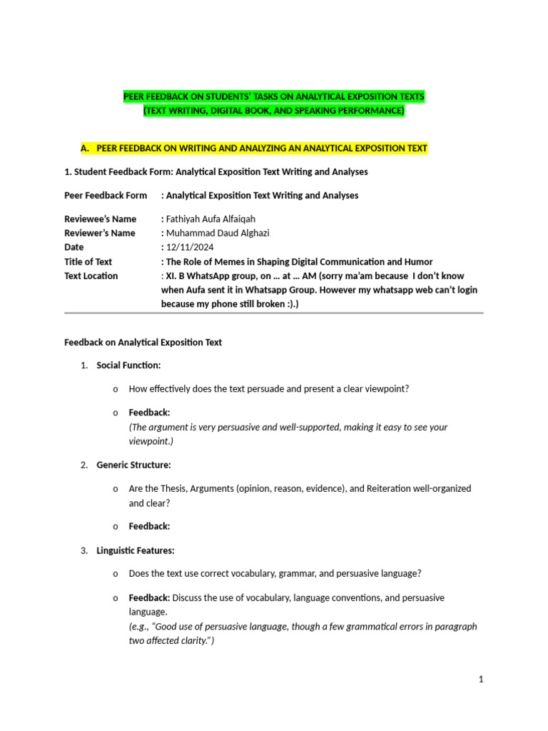 Documents of Peer Feedback On Analex Tasks Rev 1 | PDF | Argument | Gesture