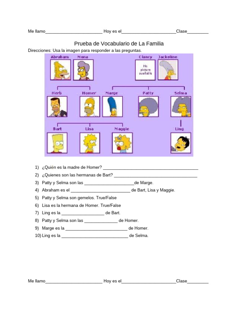 Prueba de Vocabulario de La Familia | PDF
