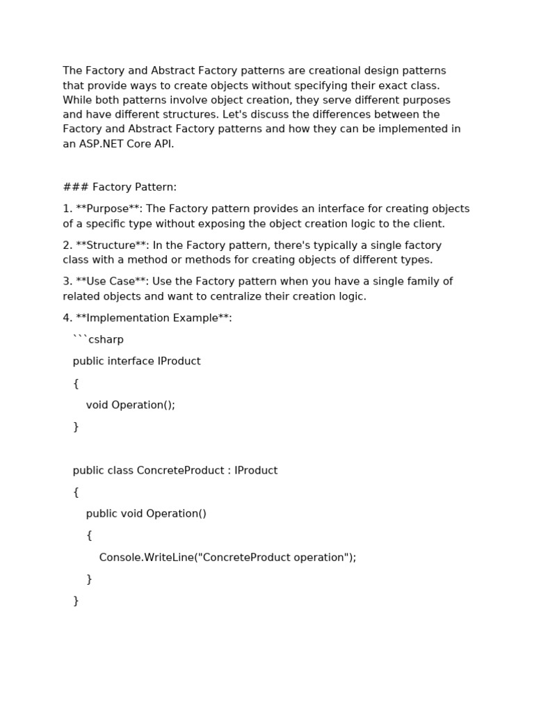 Abstract Factory and Factory Pattern | PDF | Class (Computer Programming) | Interface (Computing)
