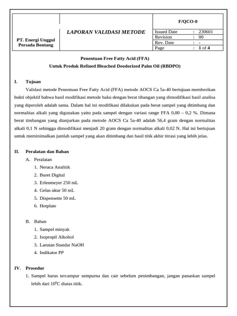Validasi Metode FFA RBDPO | PDF